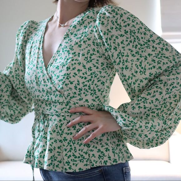 Ganni | Tops | Ganni Tie Front Blouse With Green Vine Print | Poshmark